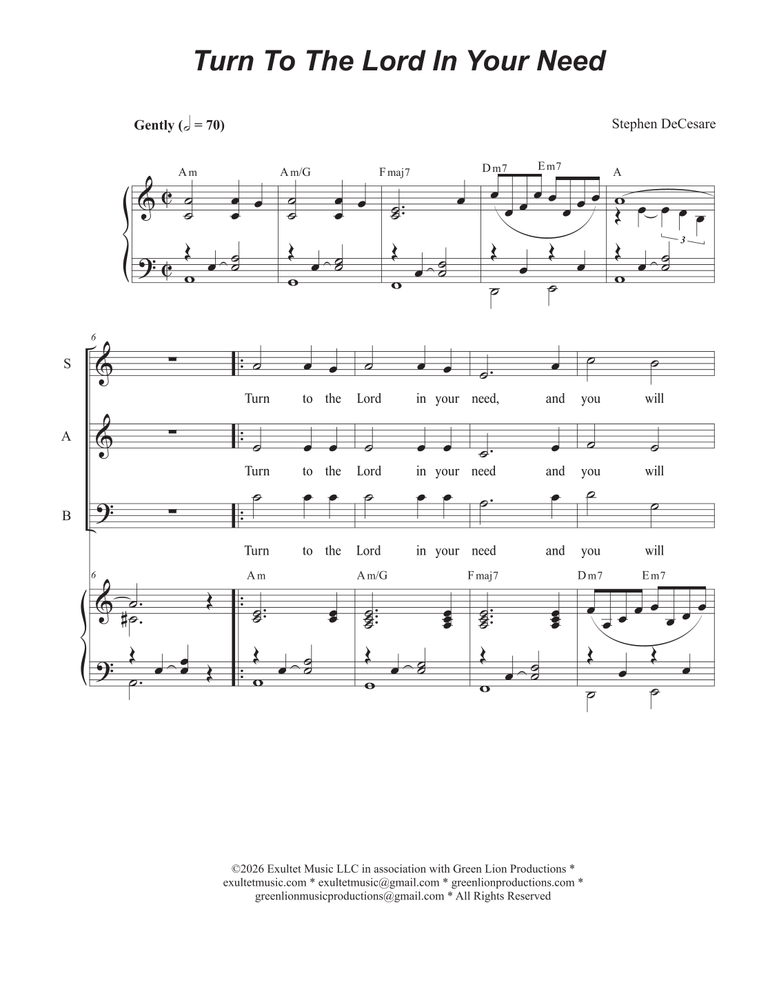 TURN TO THE LORD IN YOUR NEED (SAB) PAR STEPHEN DECESARE PARTITIONS ...