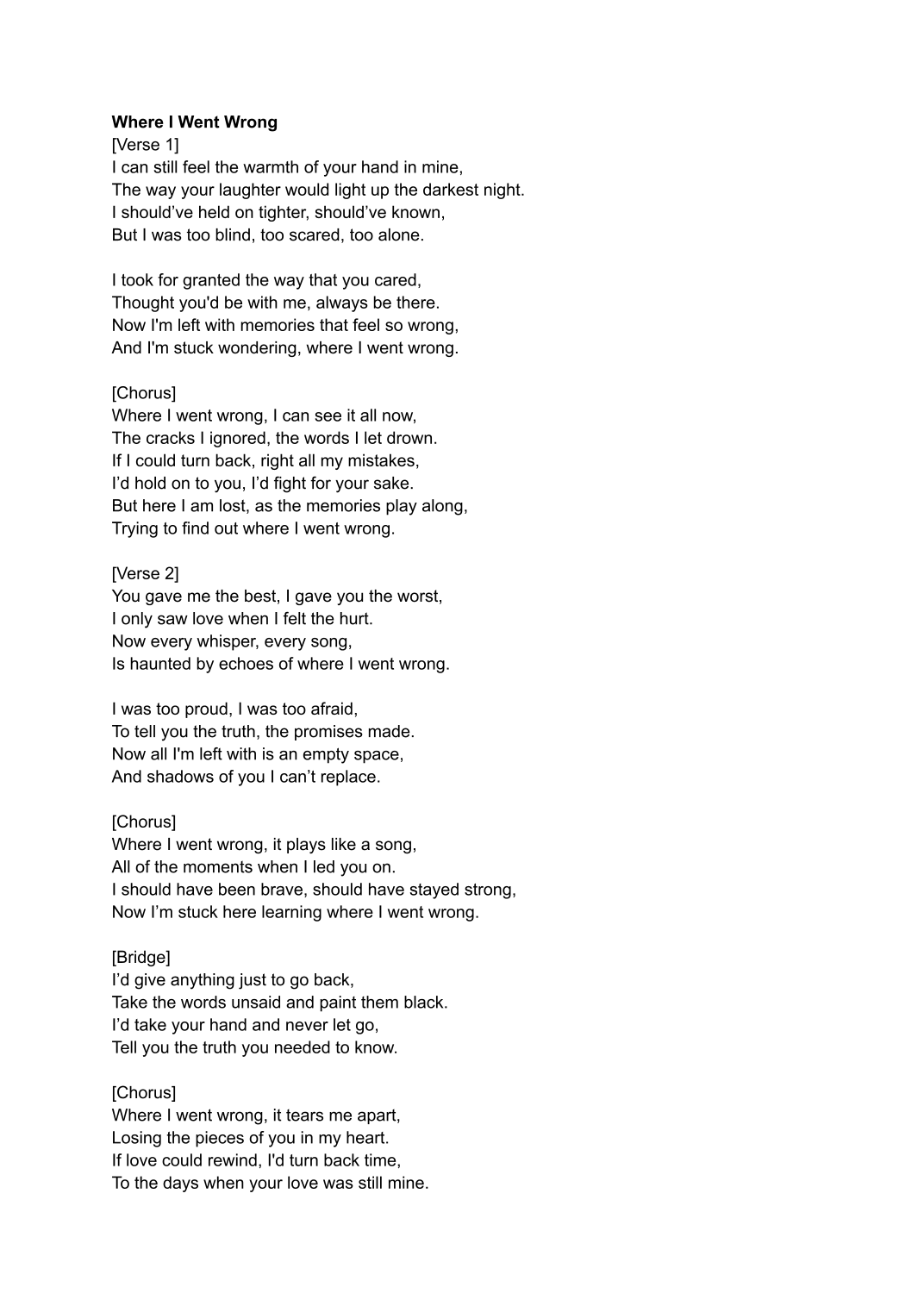 Where I Went Wrong by CChase Sheet Music for Piano, Vocal & Guitar Chords at Sheet Music Direct