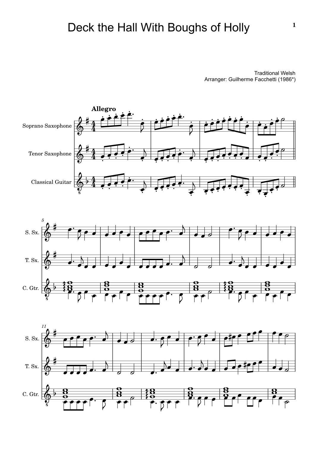 Deck the Hall - S. Sax., T. Sax. & Guitar (With Parts) (arr. Guilherme ...