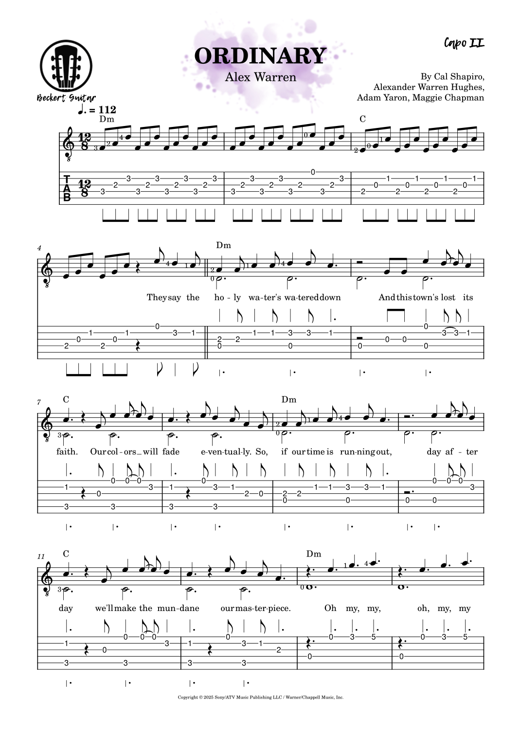 Ordinary (arr. Beckert Guitar) by Alex Warren Sheet Music for Easy ...