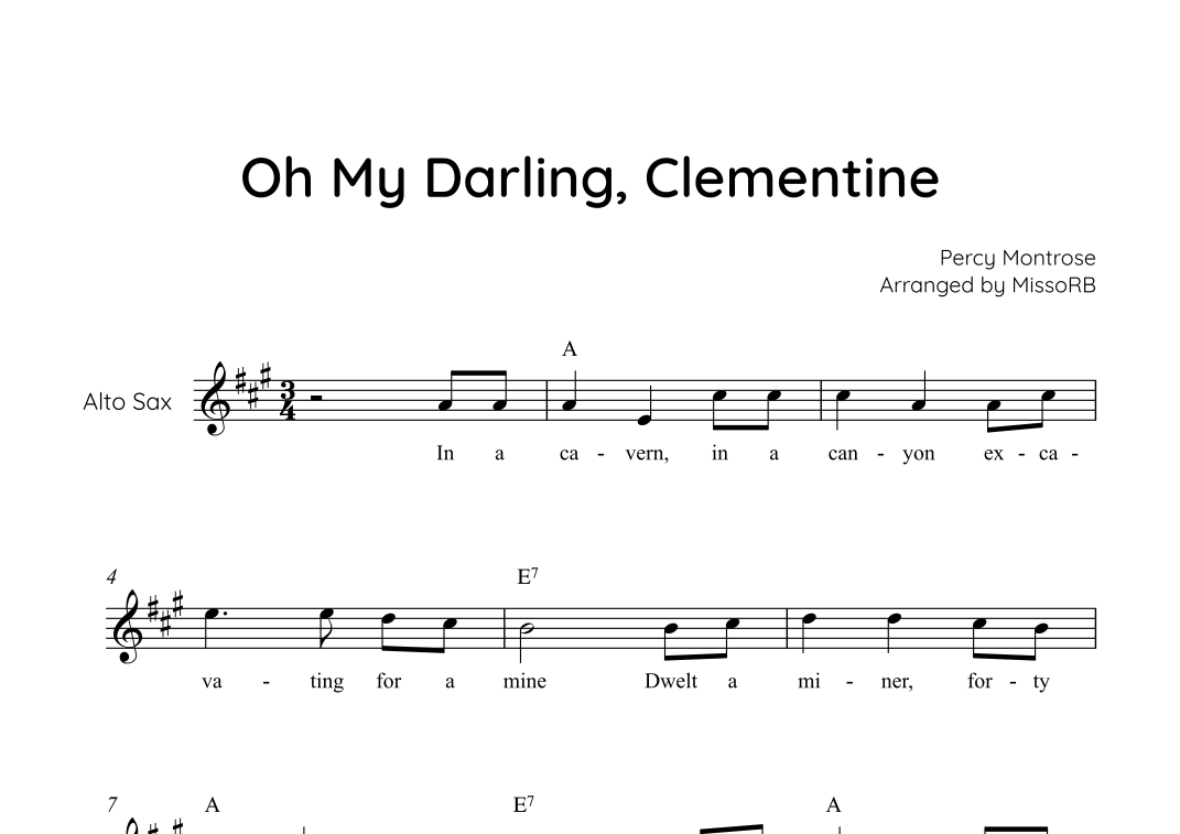 Oh My Darling, Clementine - Alto Sax in C With Chords & Lyric - Easy ...