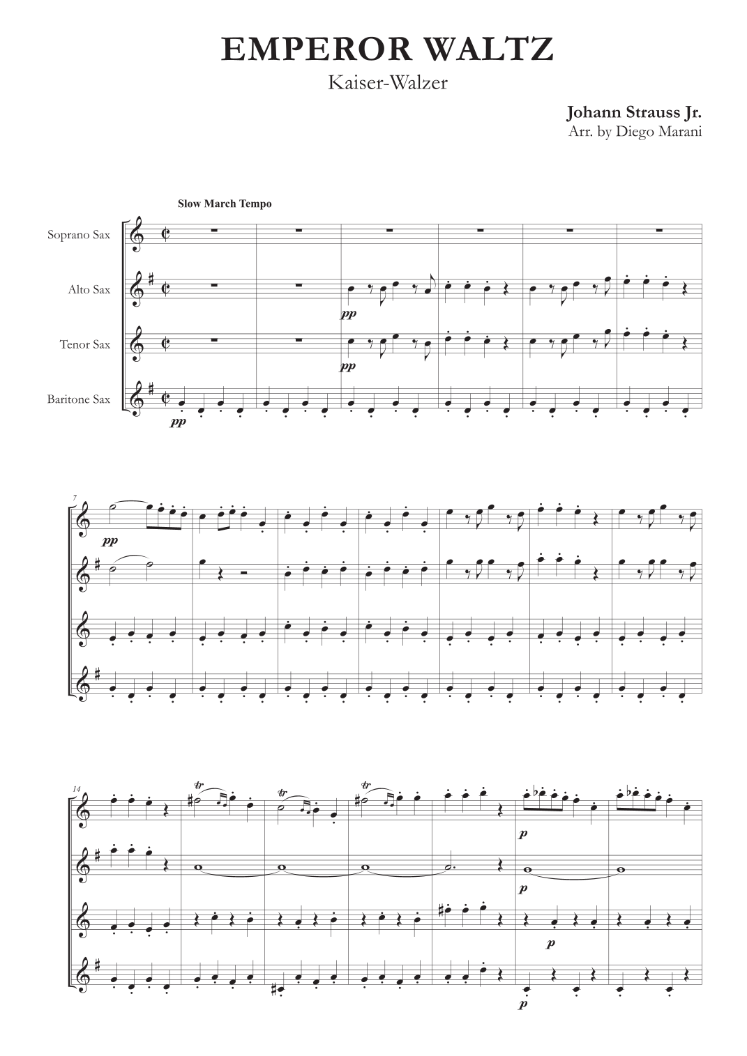 Emperor Waltz for Saxophone Quartet (arr. Diego Marani) by Johann ...