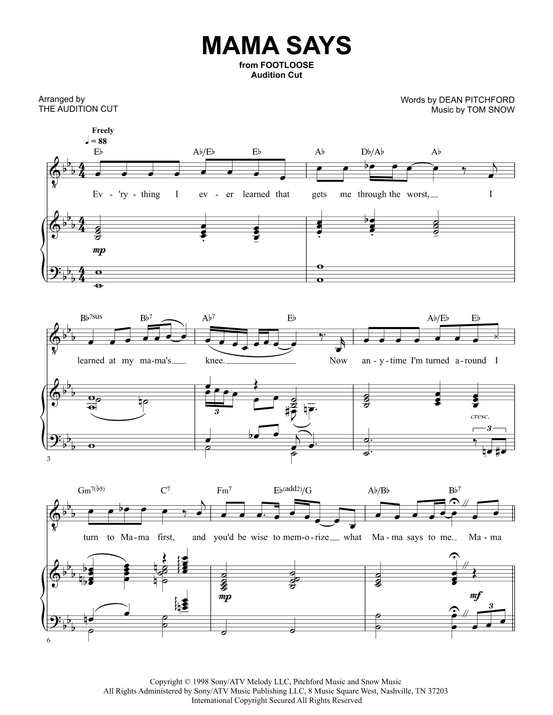 Mama Says (arr. The Audition Cut - from Footloose) by Dean Pitchford ...