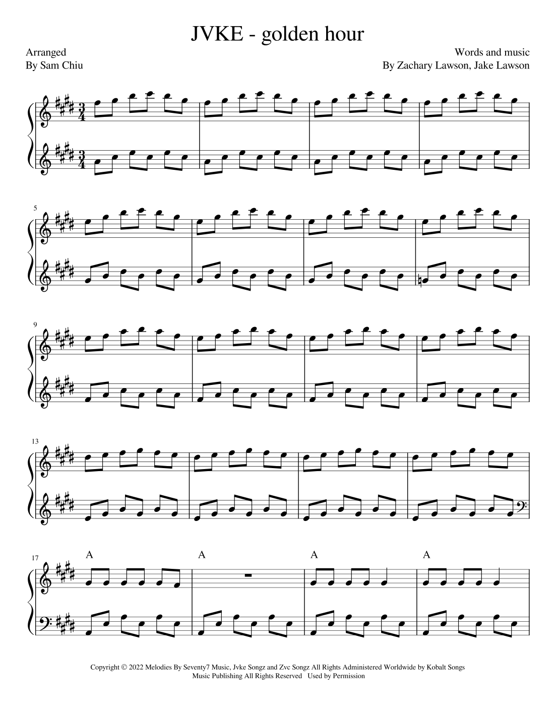 Golden Hour (arr. Sam Chiu) by Jvke Sheet Music for Piano Solo at Sheet ...