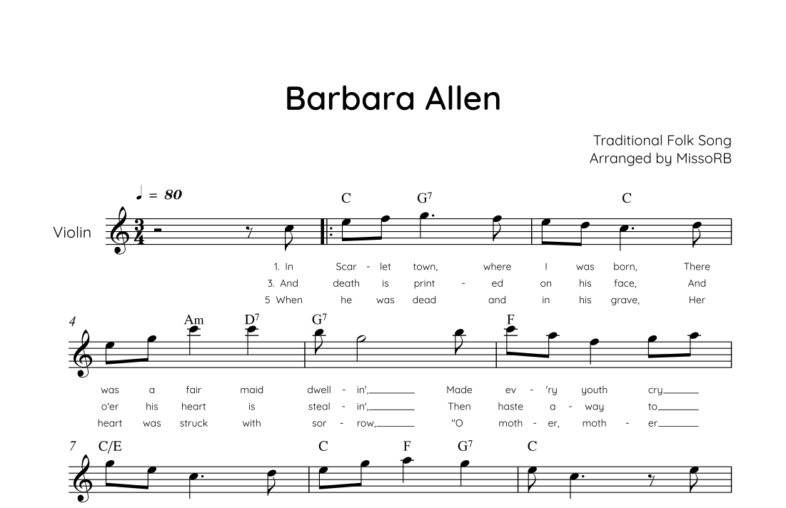Barbara Allen - Violin in C Lead Sheet With Lyric & Chords - Easy (arr ...