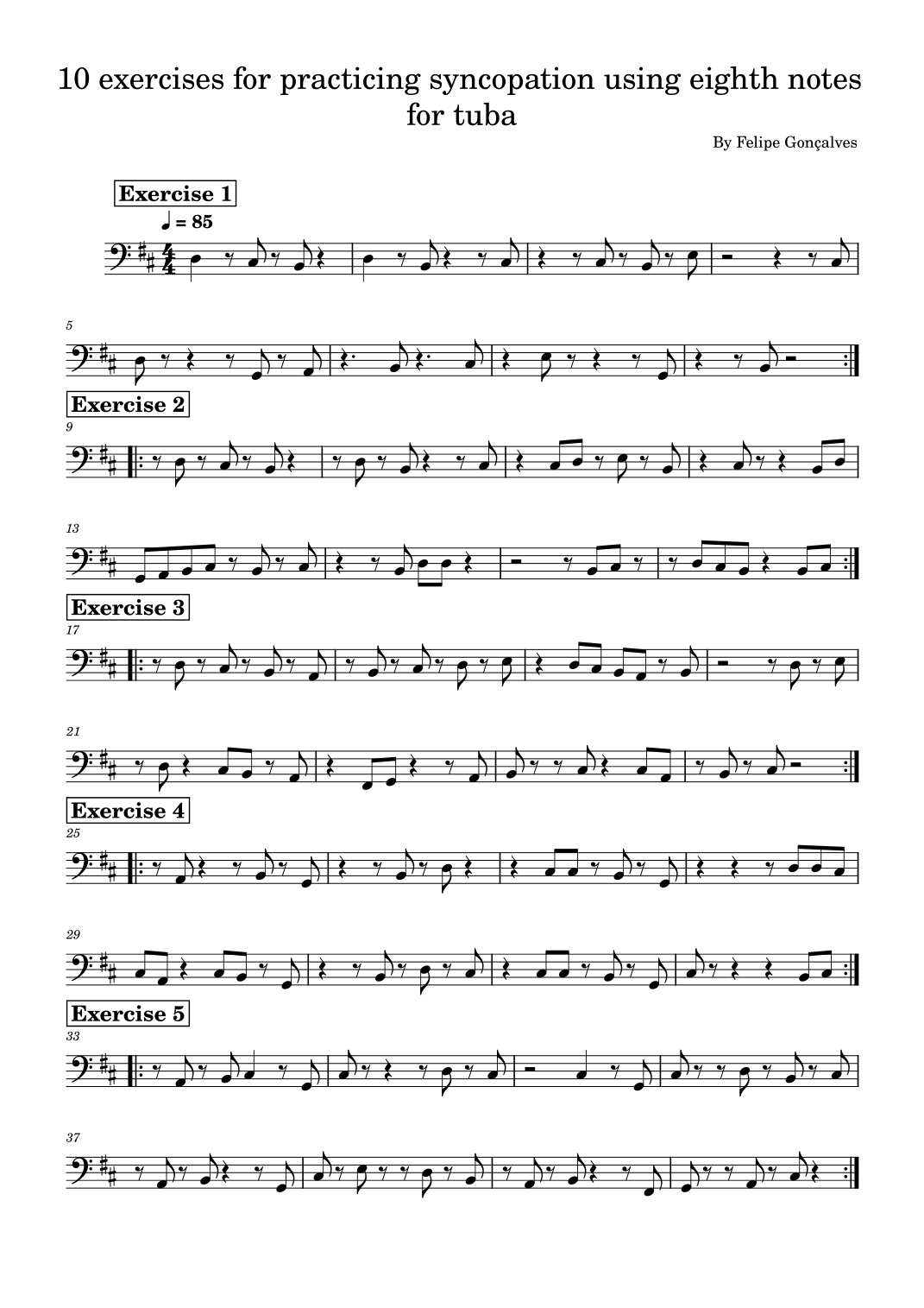 10 exercises for syncopation using eighth notes for tuba in D major / B ...