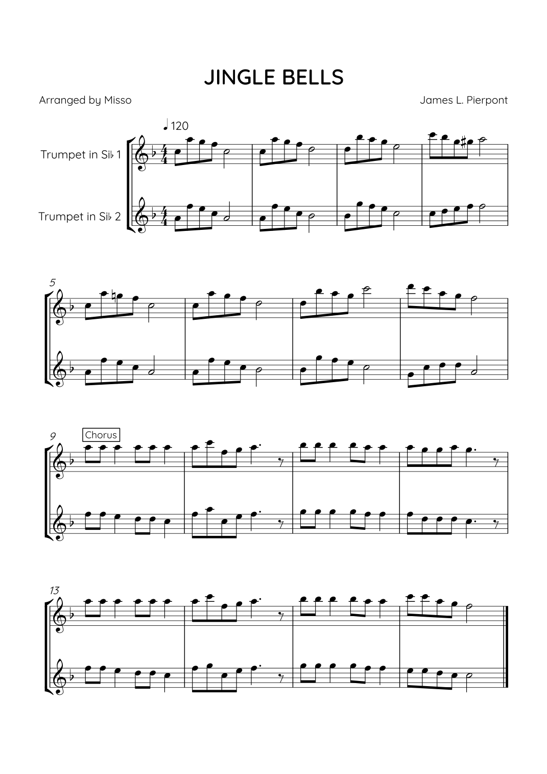 Jingle Bells - Trumpet Duet in Eb Major (Easy) (arr. MissoRB) by James ...