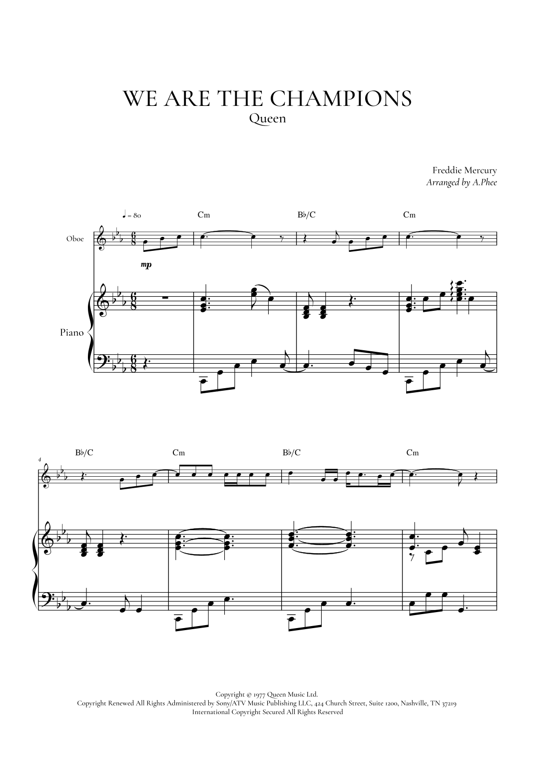 We Are The Champions (arr. Phee) by Queen Sheet Music for Oboe and ...