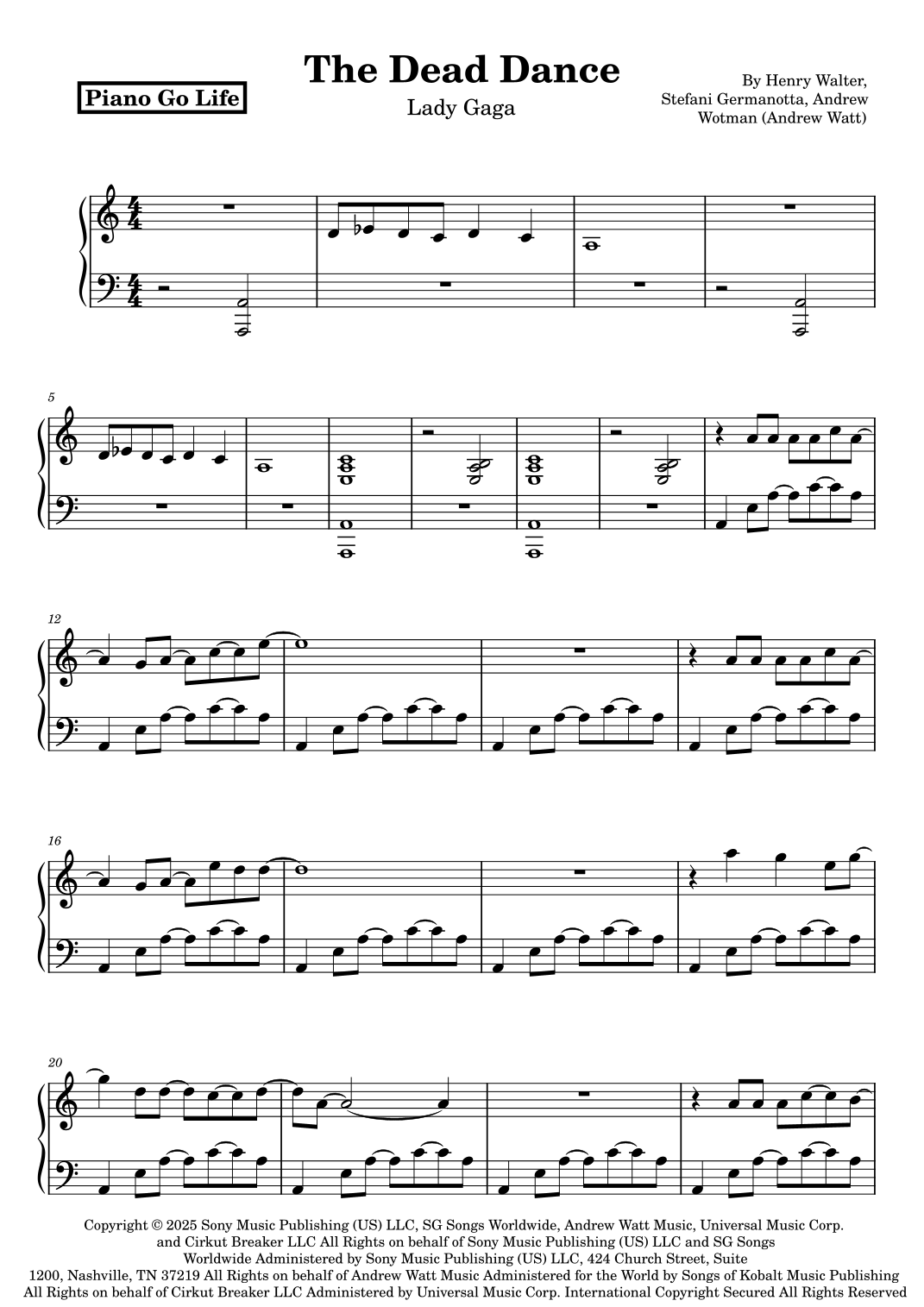 The Dead Dance (arr. Piano Go Life) by Lady Gaga Sheet Music for Piano ...