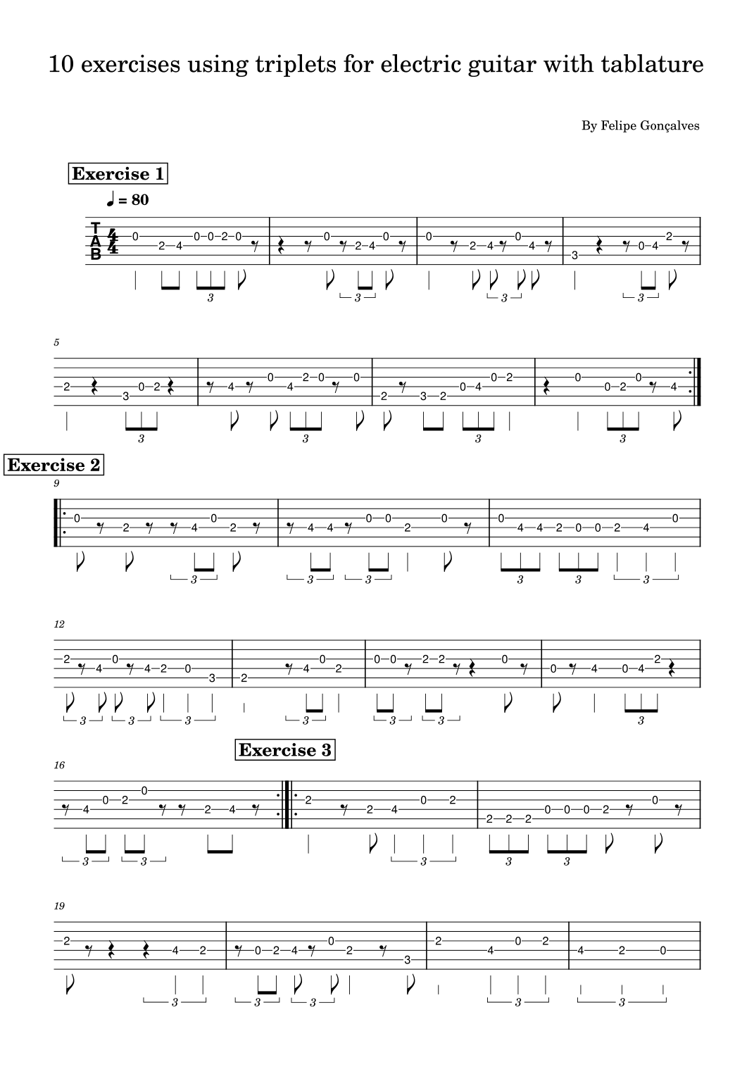 10 exercises using triplets for electric guitar with tablature in the ...