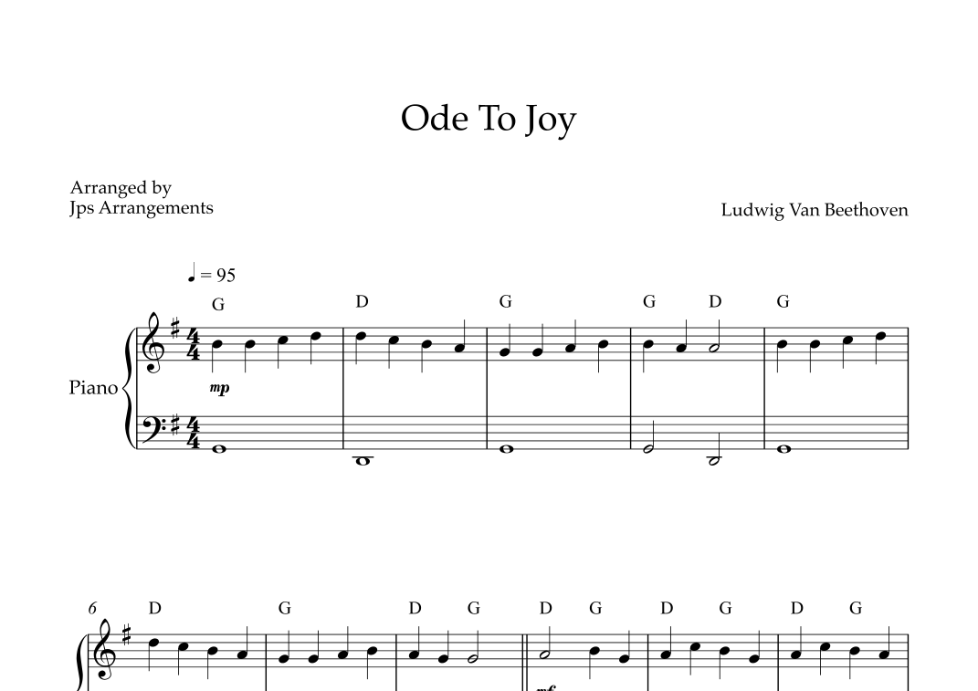 Ode to joy - beginner piano in G (arr. Jps Arrangements) by Ludwig Van ...
