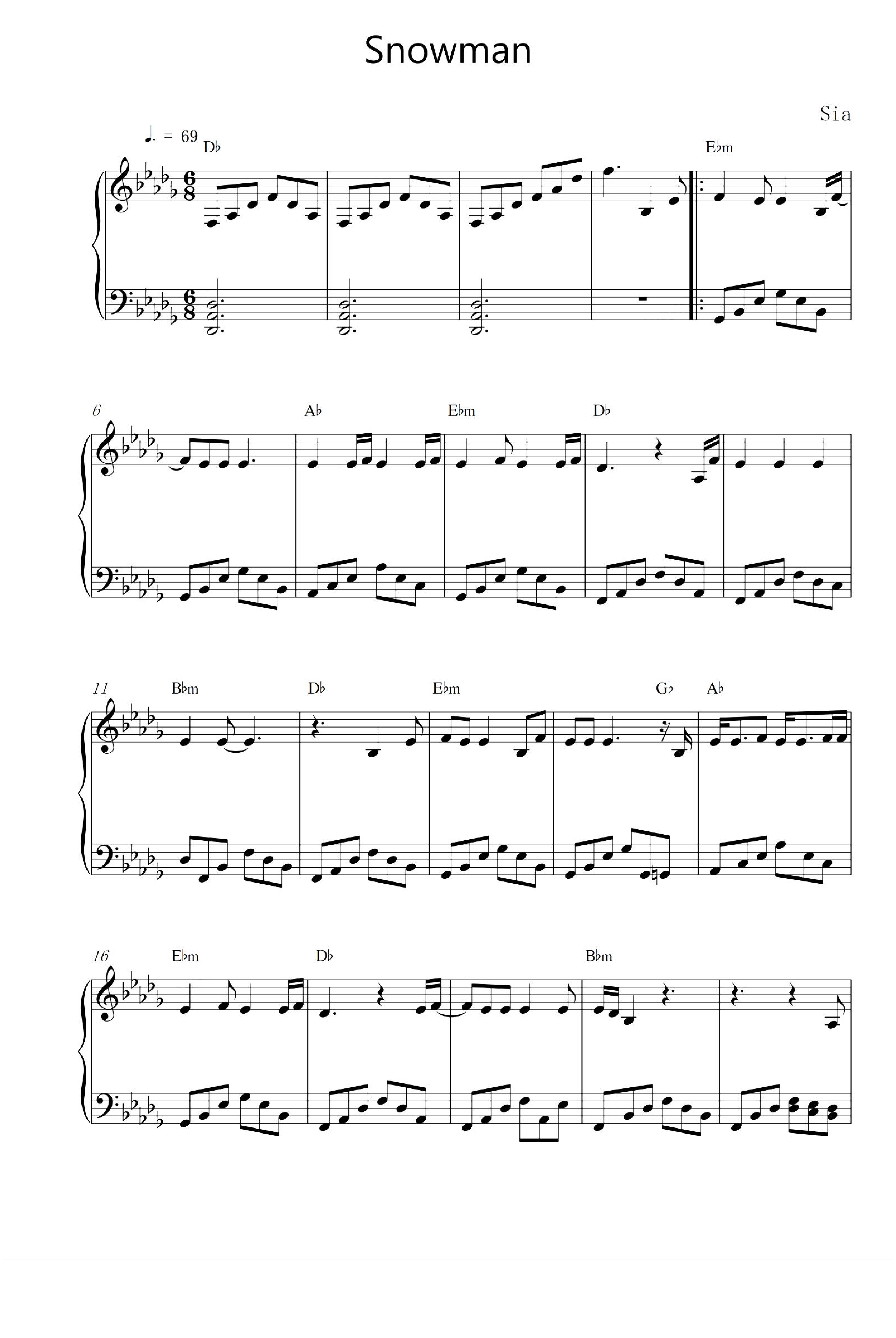 Snowman (arr. Sia) by Sia Sheet Music for Piano Solo at Sheet Music Direct