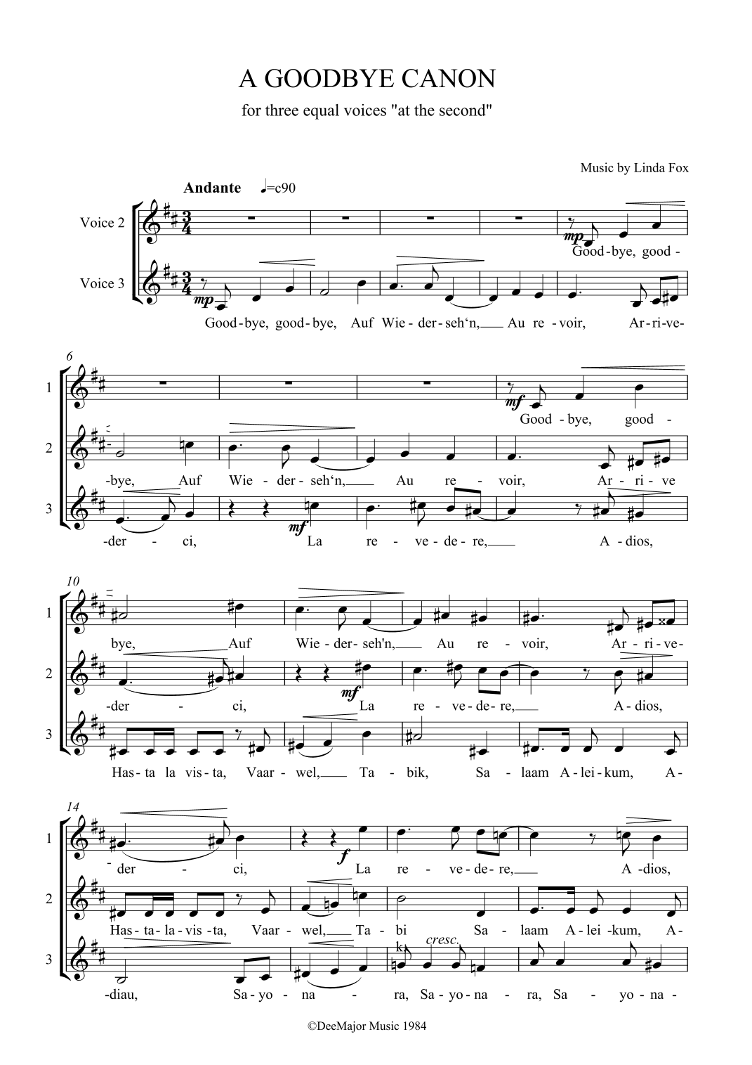 A Goodbye Canon by Linda Fox Sheet Music for SSA Choir at Sheet Music ...