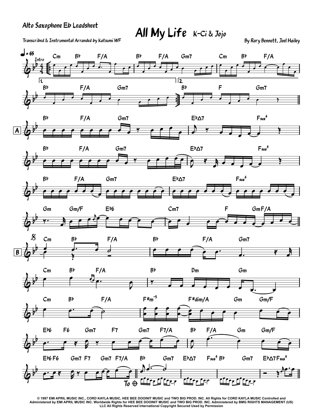 All My Life (arr. Katsumi WF) by K-ci & Jojo Sheet Music for Alto Sax ...