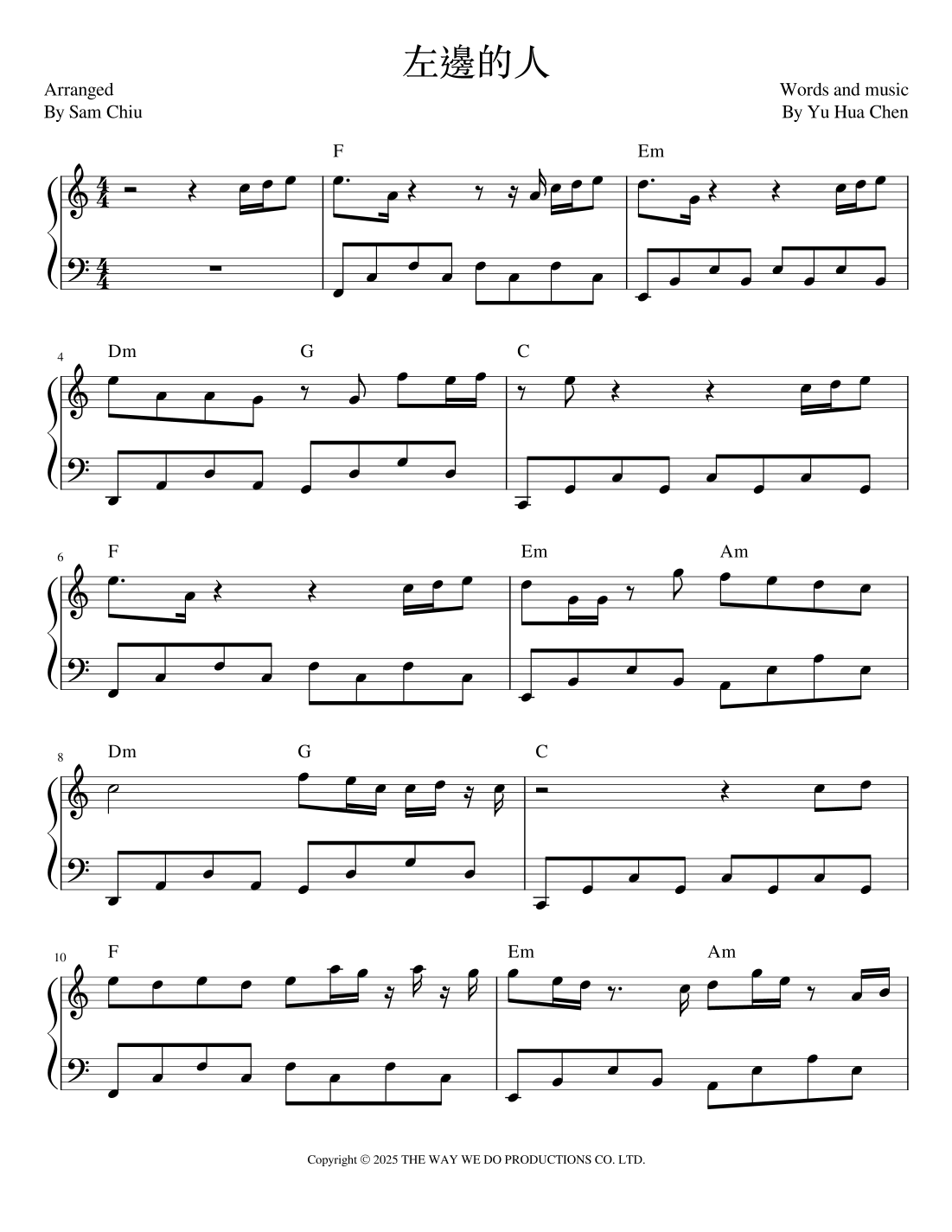 Zuo Bian De Ren (arr. Sam Chiu) by Chen Hua Sheet Music for Piano Solo ...