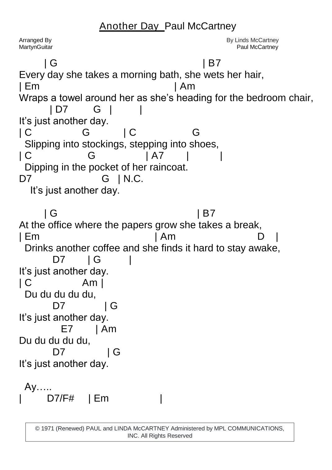 Another Day (arr. MartynGuitar) by Paul McCartney Sheet Music for ...