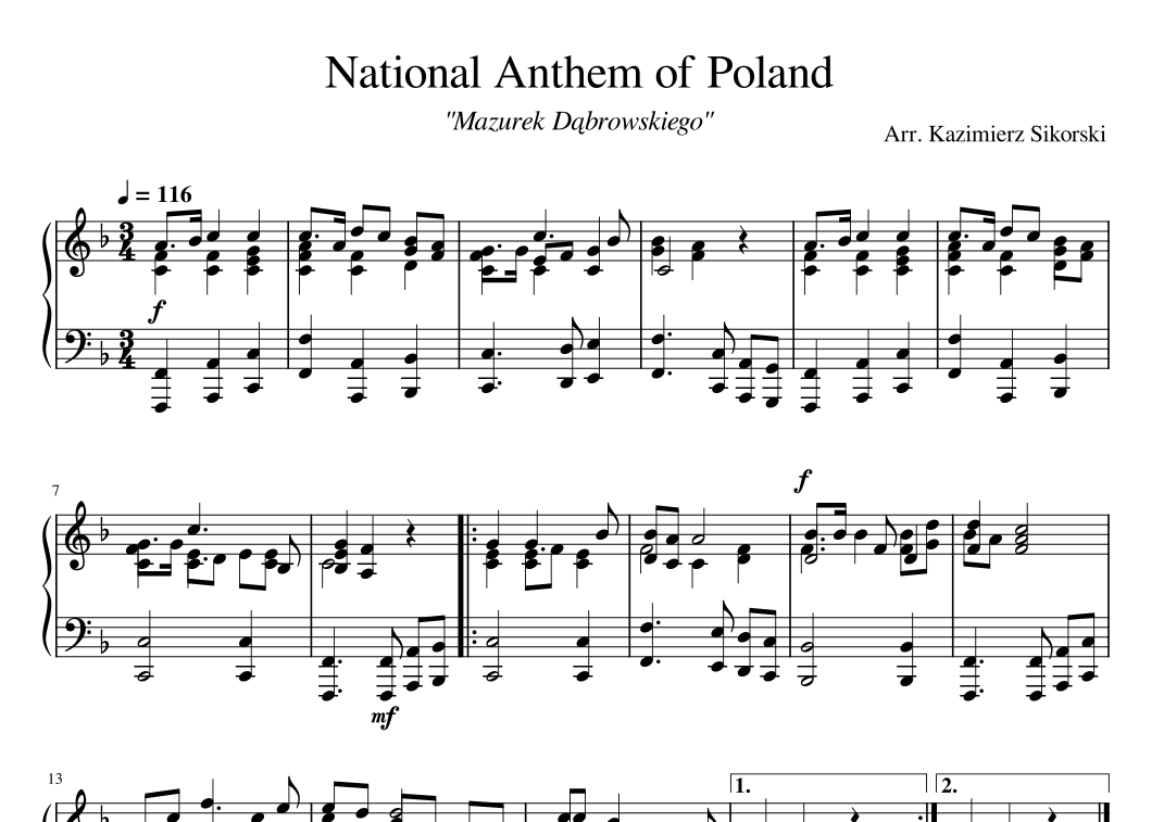 Polish National Anthem (arr. Kasimierz Sikorzkie) by Traditional Sheet ...