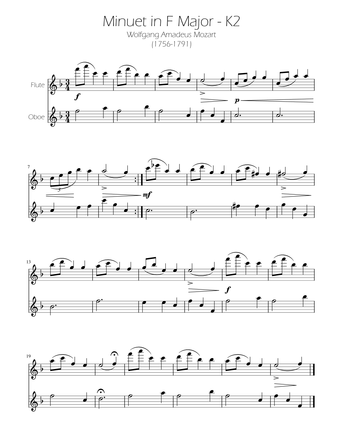 Mozart - Minuet in F Major K2 - Flute and Oboe Duet (arr. Ygor Nunes ...