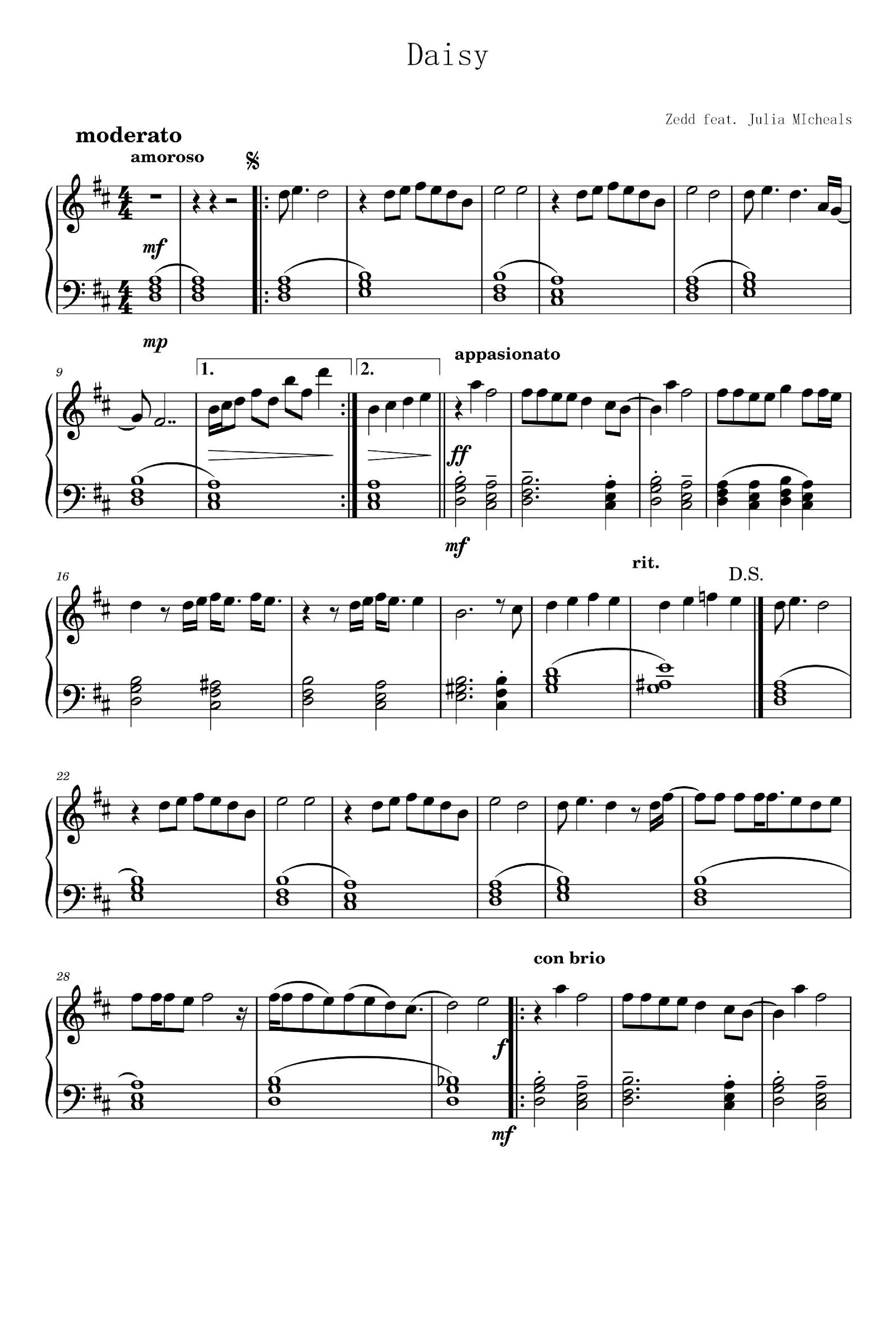 Daisy (arr. Zedd / Julia Michaels) by Zedd Sheet Music for Piano Solo ...