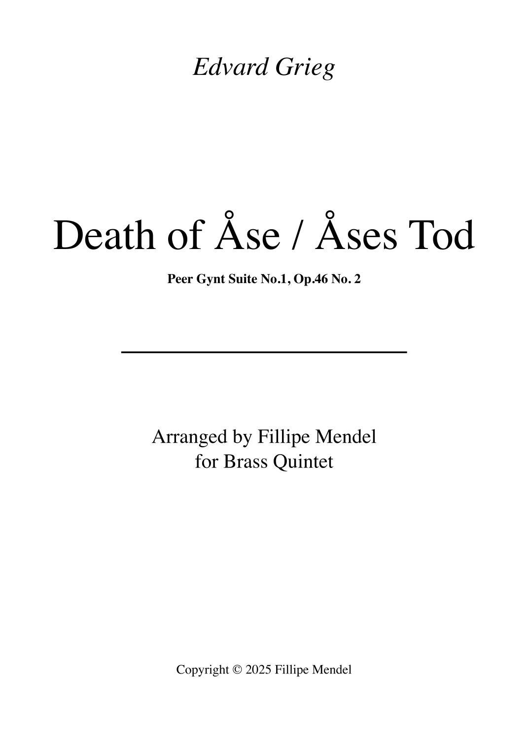 The Death of Åse (arr. Fillipe Mendel) by Edvard Grieg Sheet Music for ...