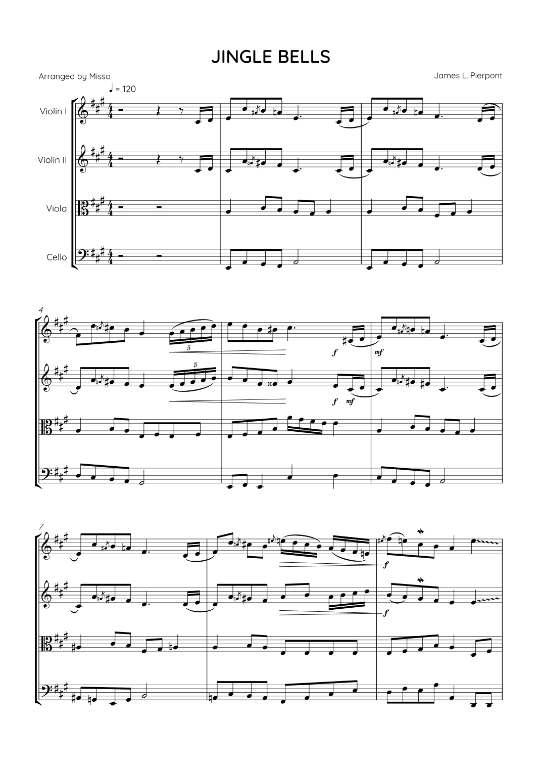 Jingle Bells - Strings Quartet in A Major - Advanced With Chords (arr ...