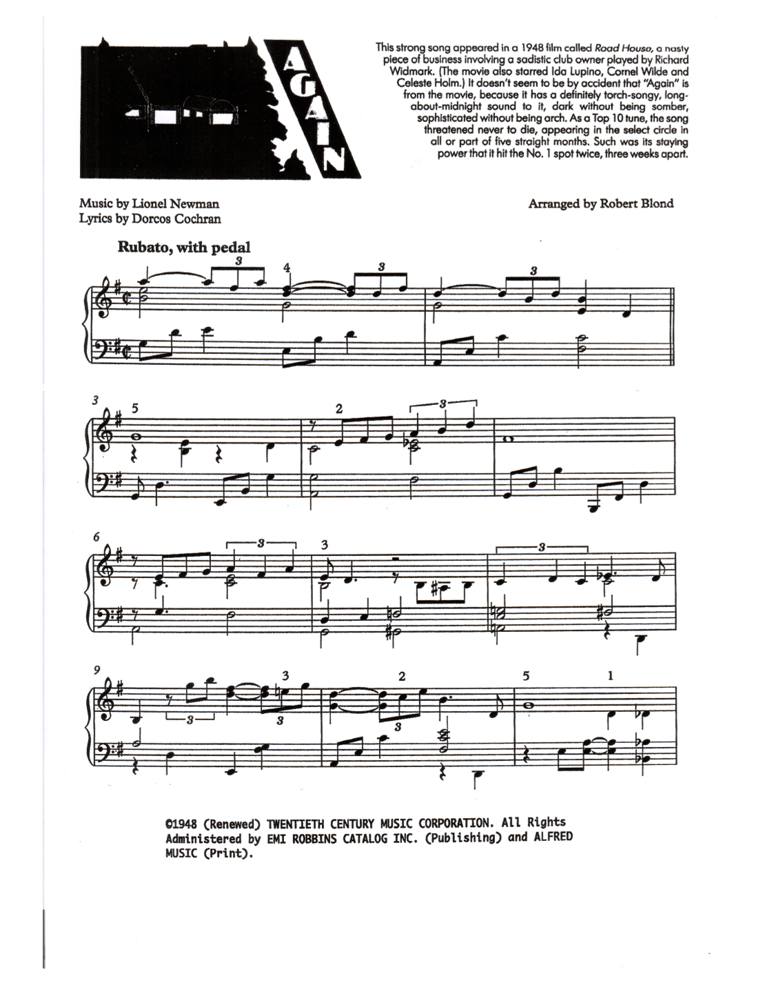 Again (arr. Robert Blond) by Ida Lupino Sheet Music for Piano Solo at ...