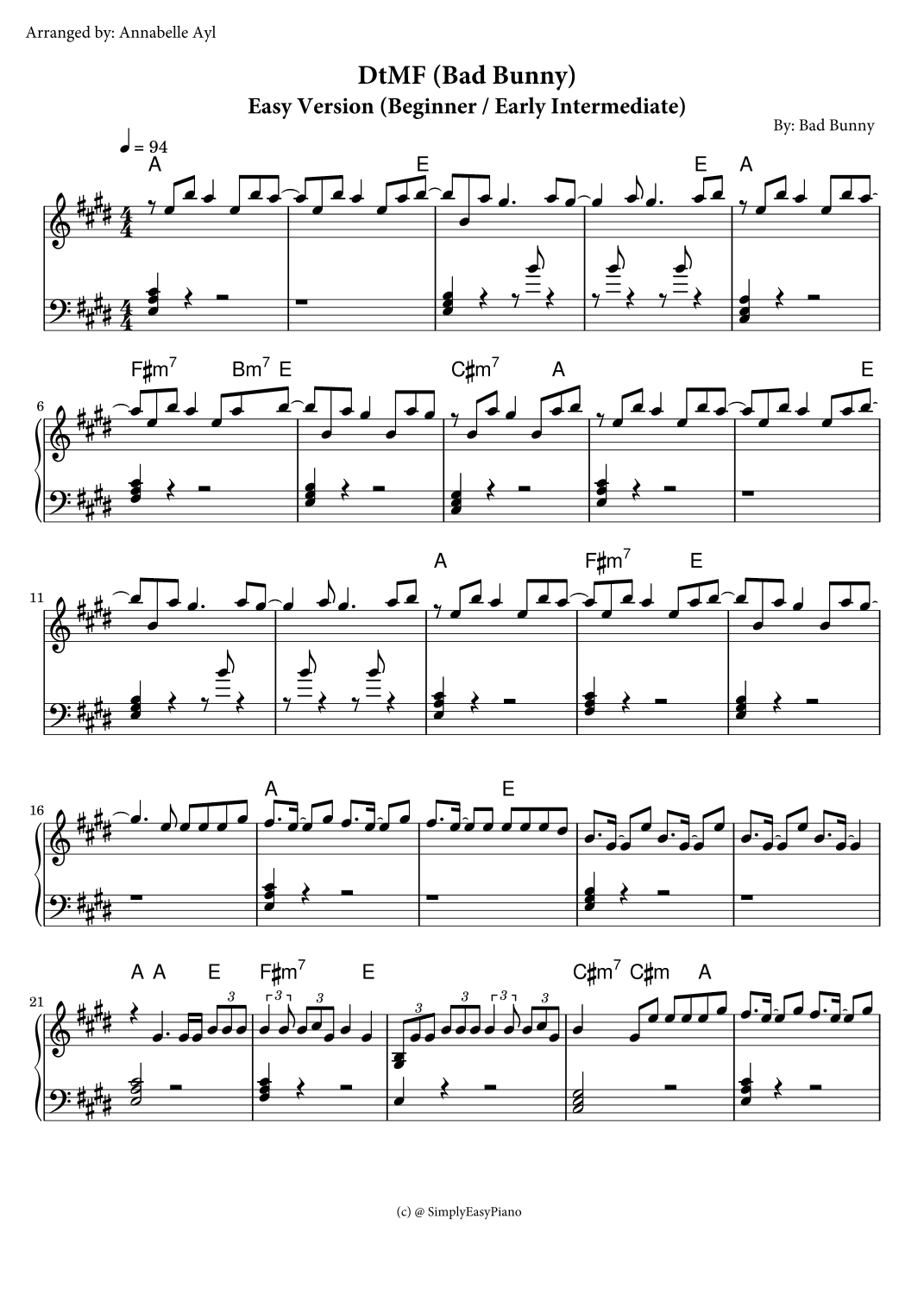 Dtmf (arr. Annabelle Ayl) von Bad Bunny Noten zum Klavier, leicht bei ...
