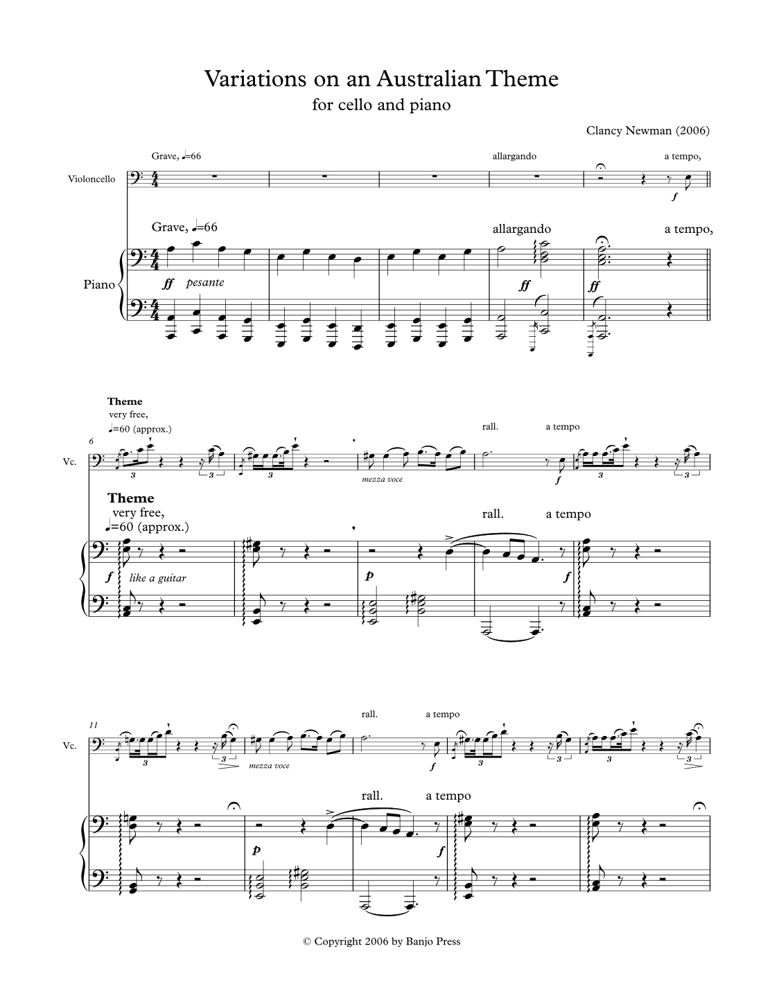Variations on an Australian Theme by Clancy Newman Sheet Music for ...