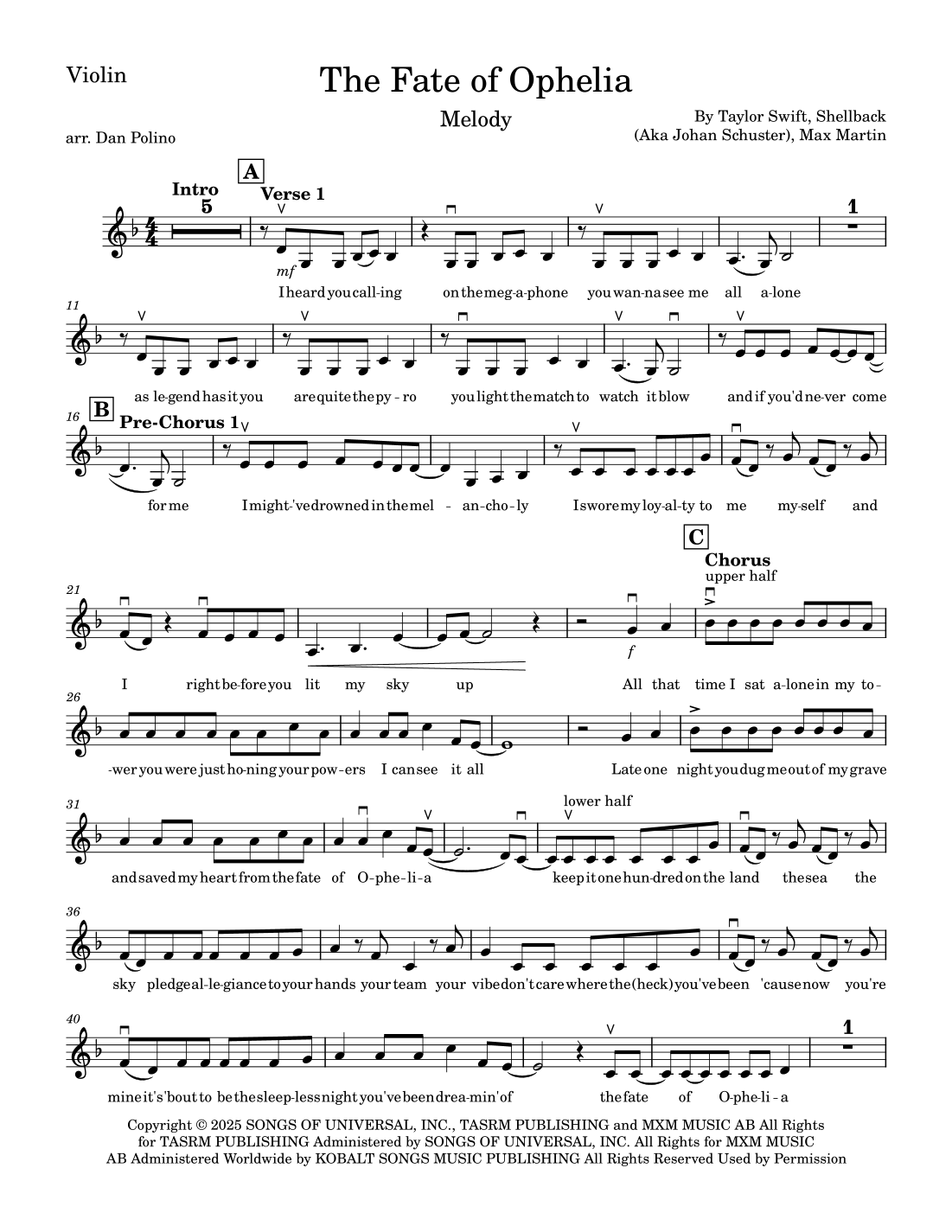 The Fate Of Ophelia (arr. Dan Polino) by Taylor Swift Sheet Music for ...
