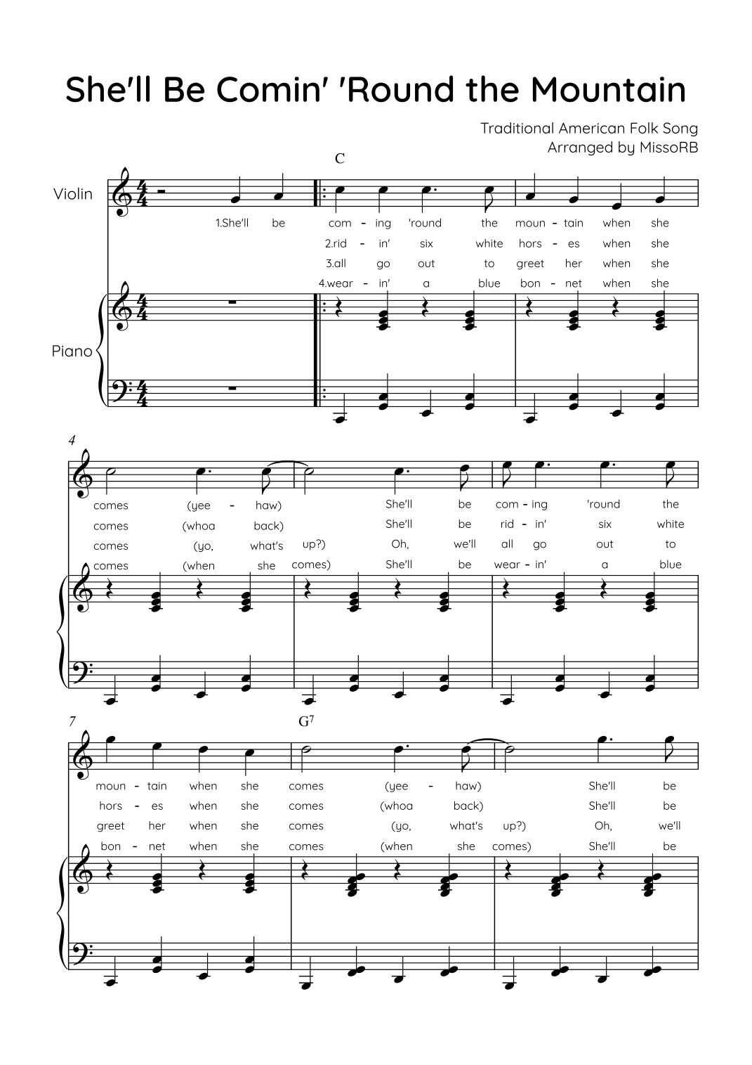 She'll Be Comin''Round the Mountain - Violin & Piano in C With Chords ...