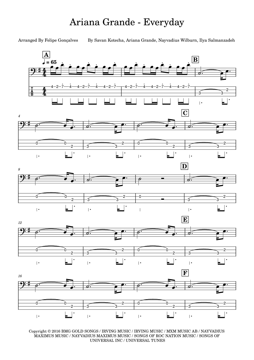 Everyday (arr. Felipe Gonçalves) by Ariana Grande Sheet Music for Bass ...