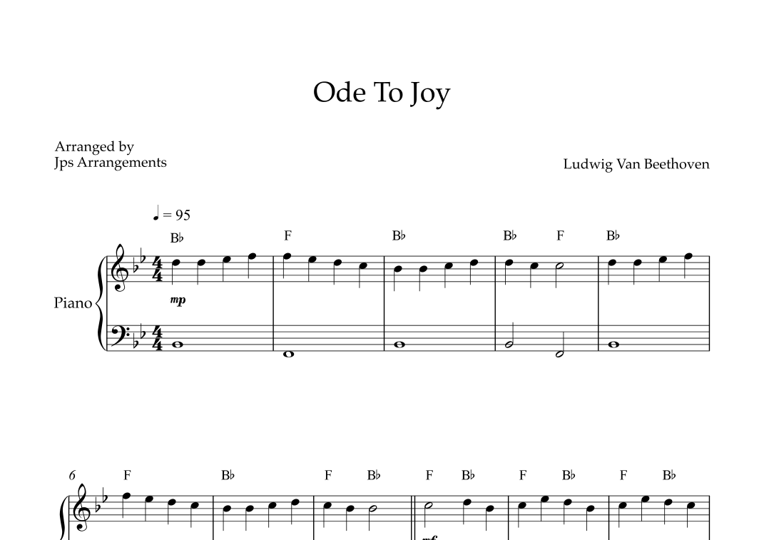 Ode to joy - beginner piano in Bb by Ludwig Van Beethoven Sheet Music ...