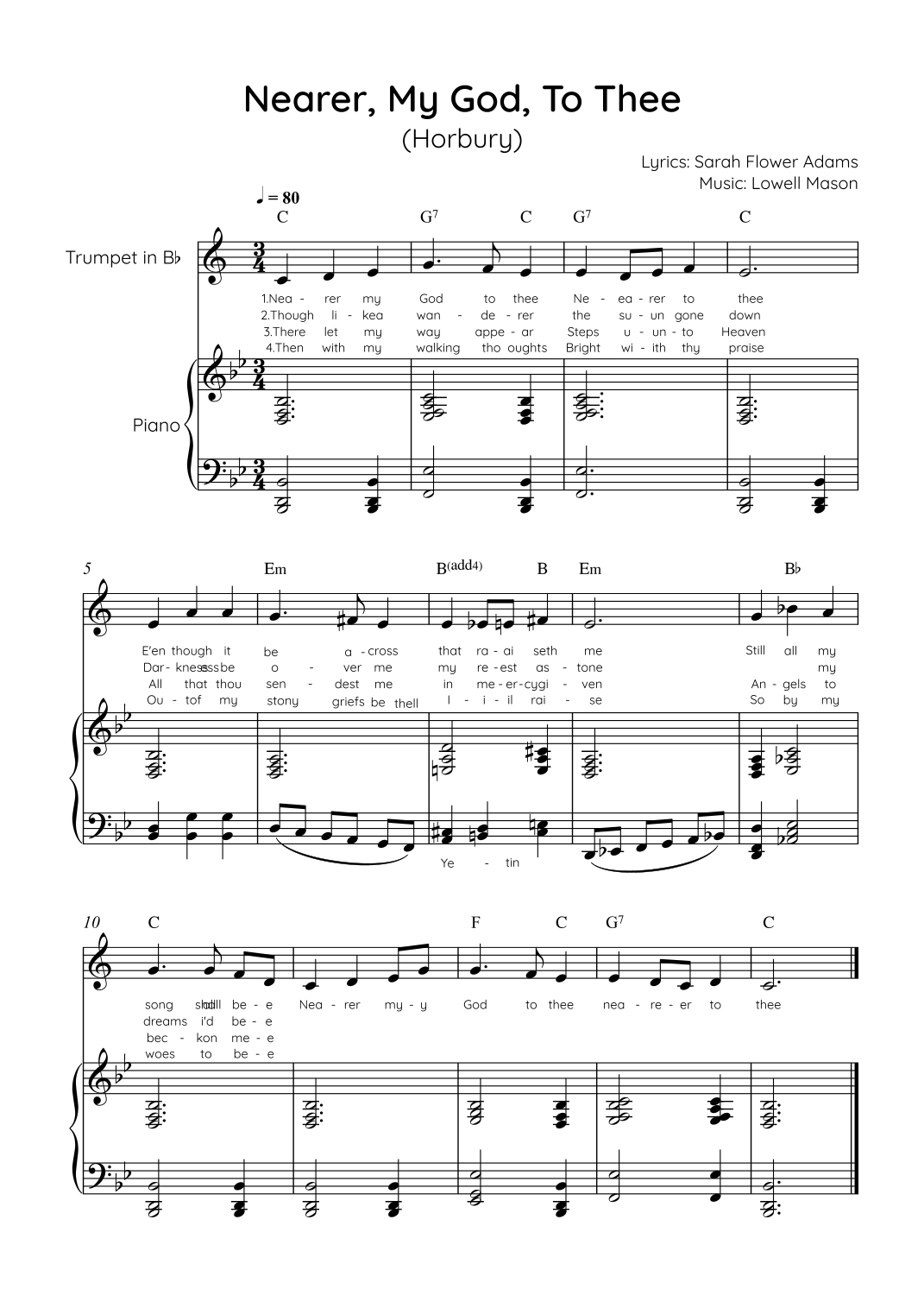 Nearer, My God, To Thee (Horbury) - Trumpet & Piano in Bb With Chords ...