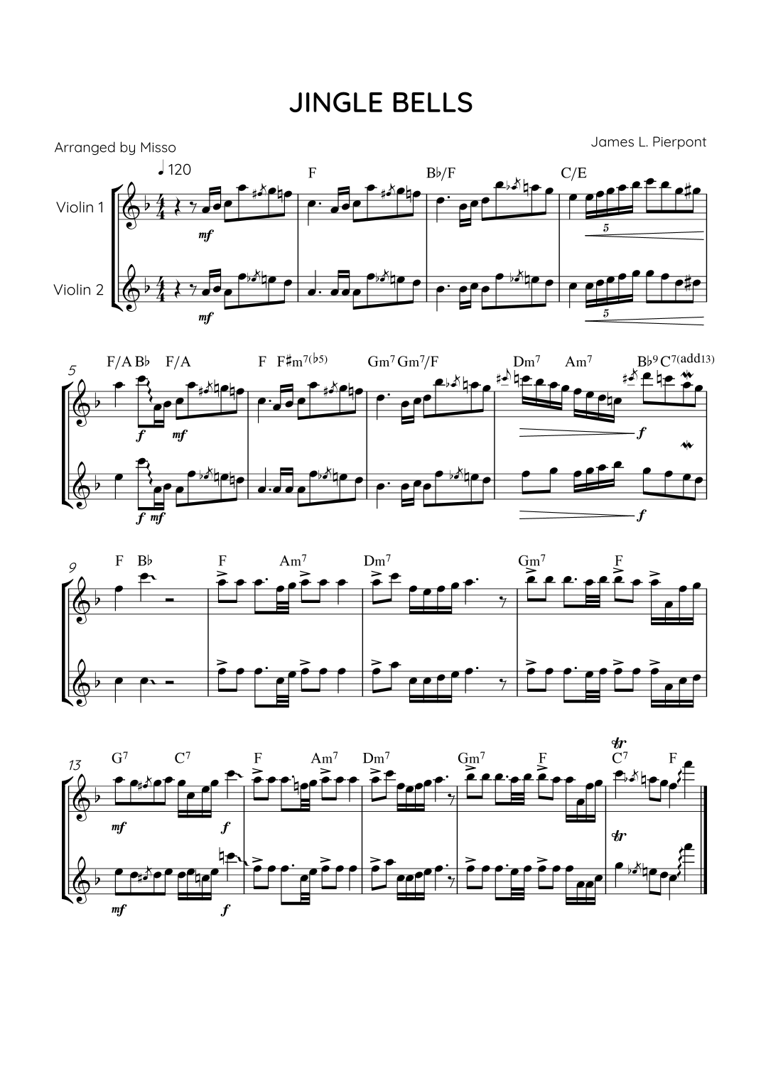 Jingle Bells - Violin Duet in F Major (Advanced With Chords) (arr ...