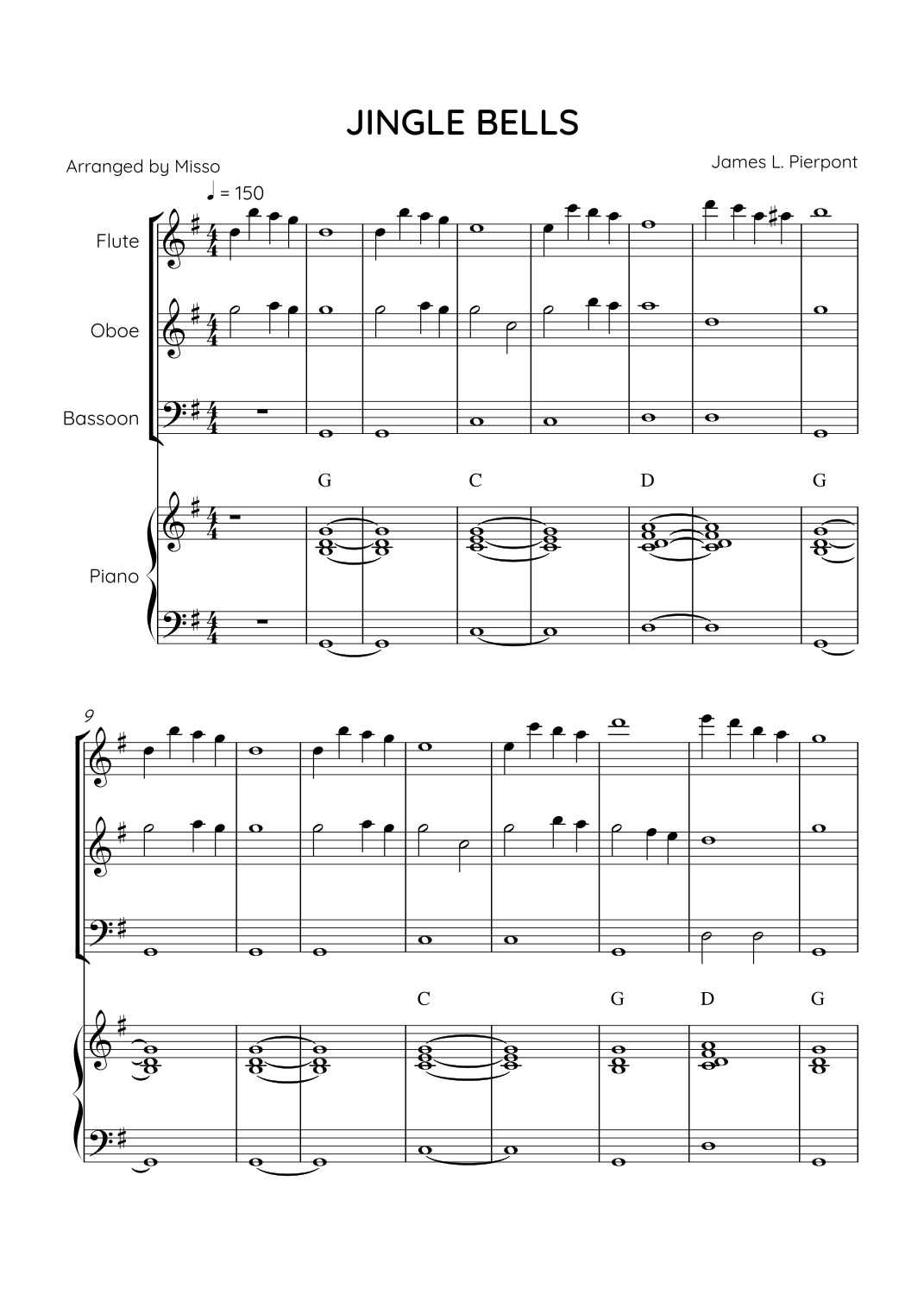 Jingle Bells - Flute, Oboe & Bassoon and Piano in G Major - Beginner With Chords (arr. MissoRB ...