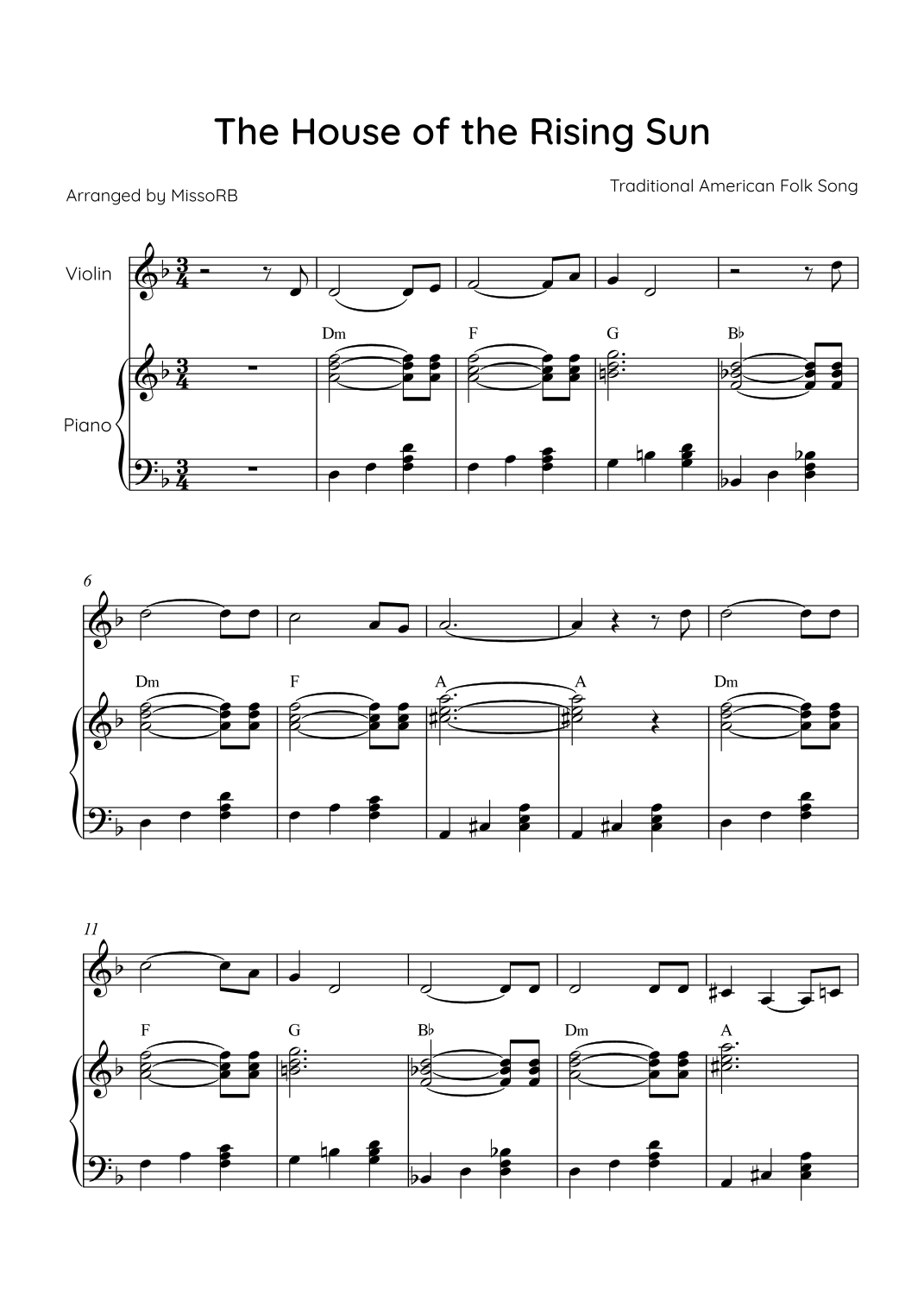 The House of the Rising Sun - Trombone & Piano in Dm With Chords - Easy ...