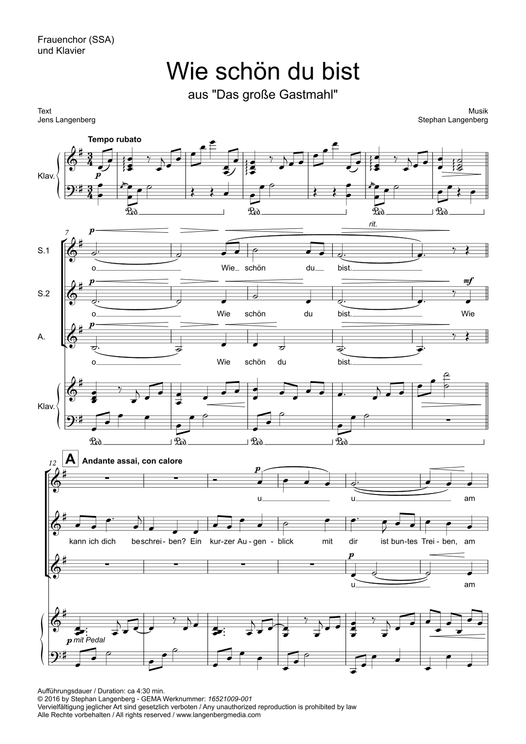 Wie schön du bist (aus: Das große Gastmahl) by Stephan Langenberg Sheet Music for SSA Choir at ...