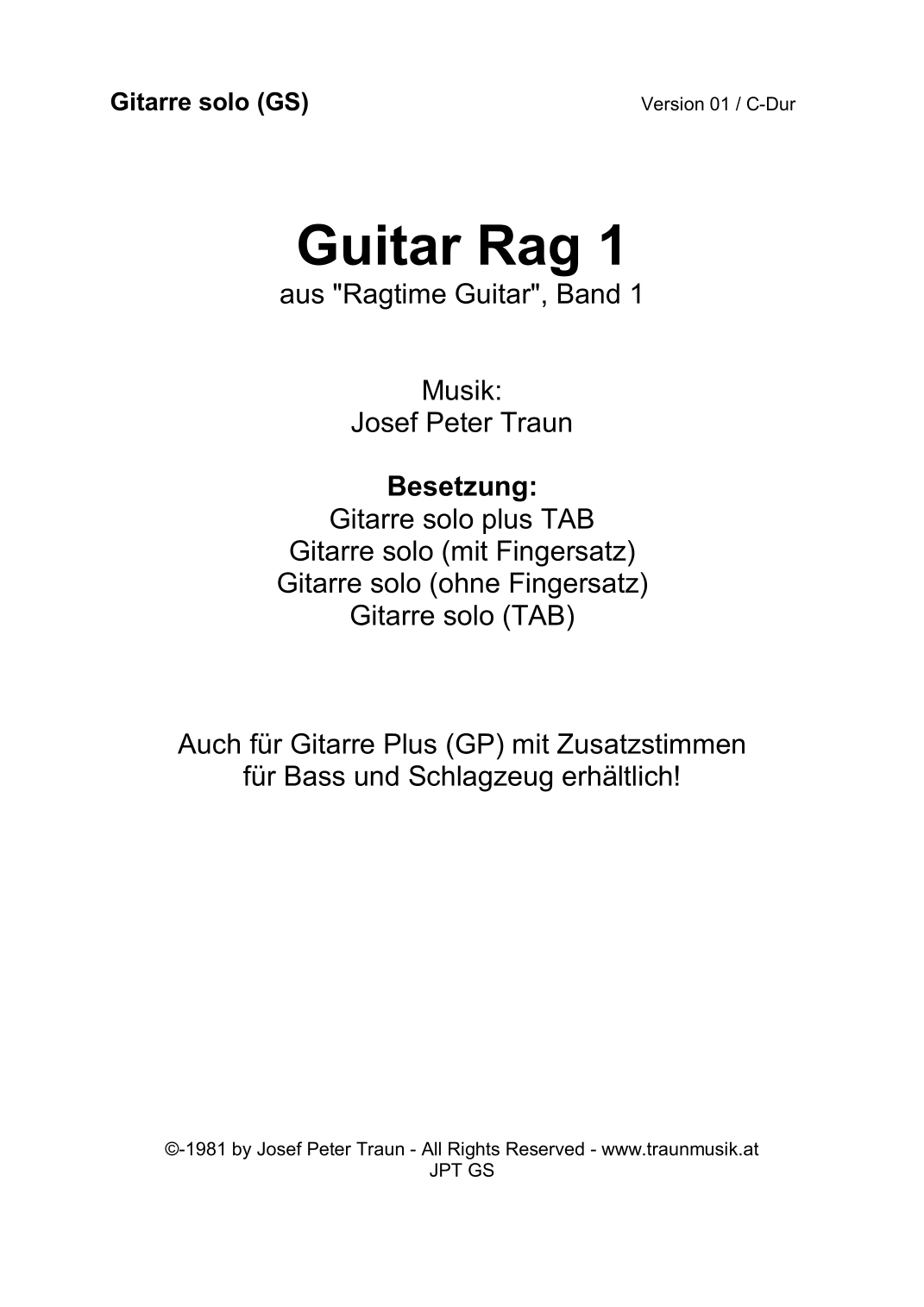 "Guitar Rag 1" für Gitarre solo (GS plus TAB) by Josef Peter Traun ...