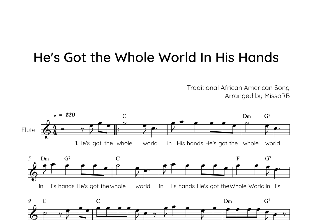 He's Got the Whole World In His Hands - Flute in C Solo With Chords ...