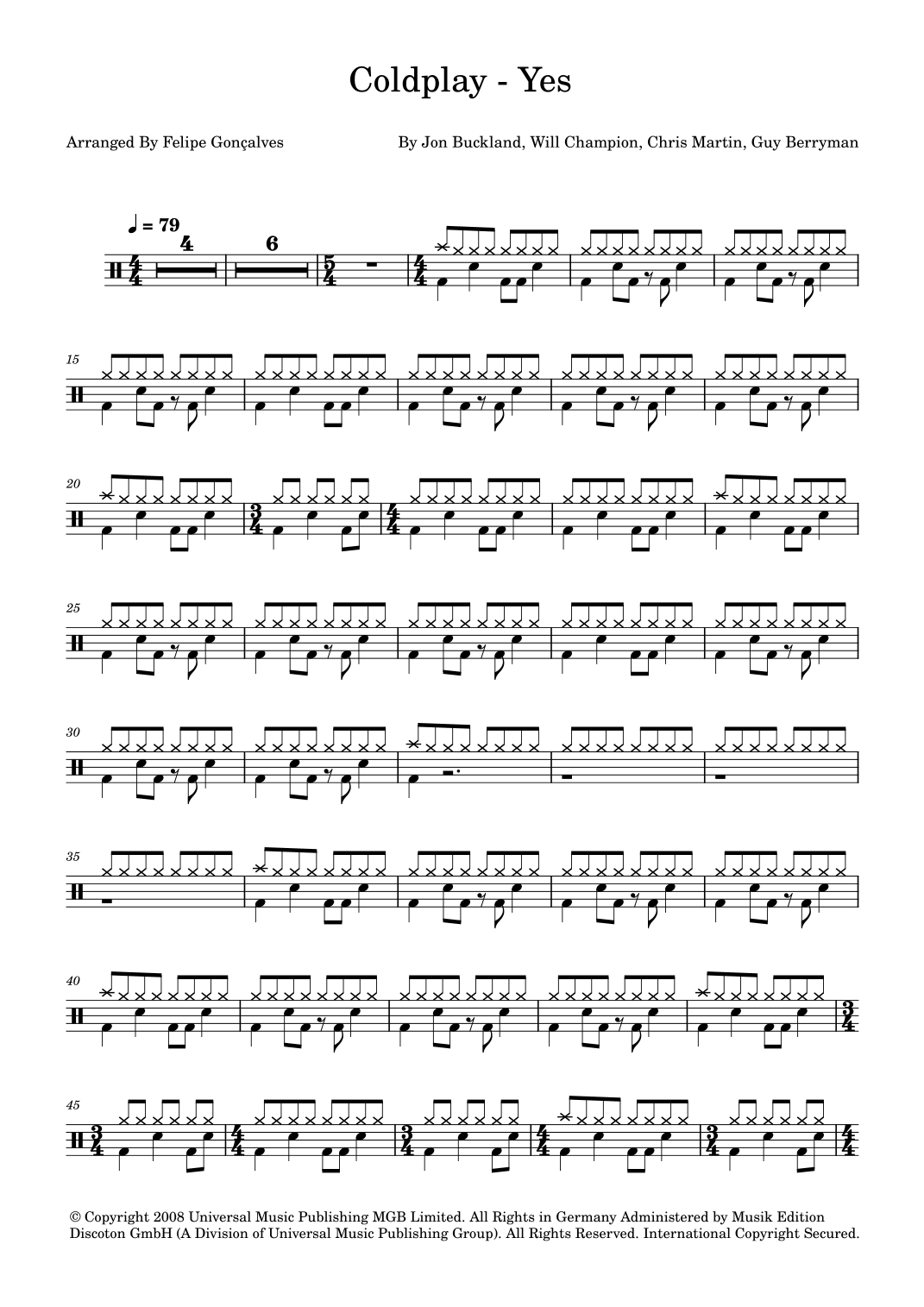 Yes (arr. Felipe Gonçalves) by Coldplay Sheet Music for Drums at Sheet ...