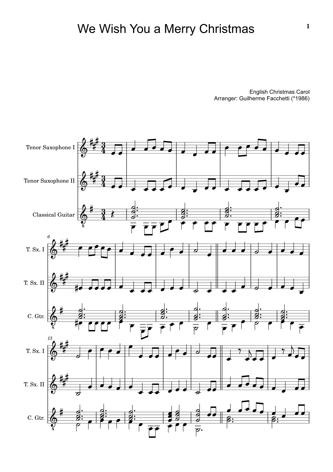 We Wish You a Merry Christmas - For T. Sax. Duet and Guitar. With Parts ...