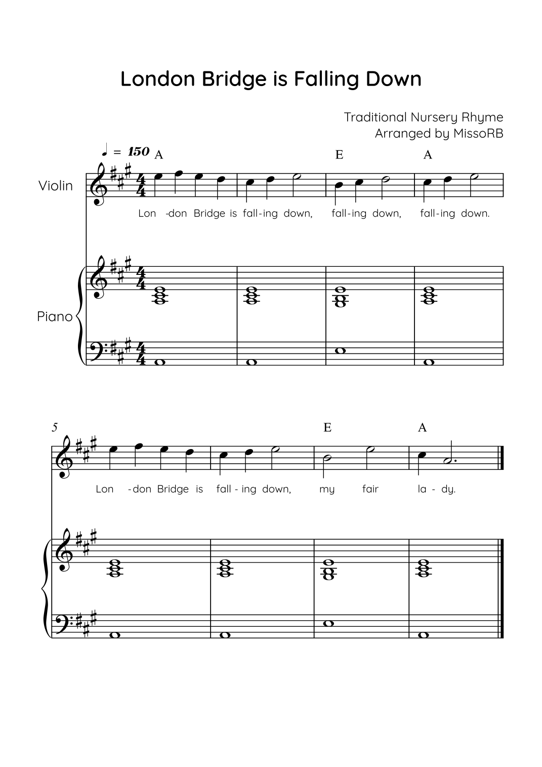 London Bridge is Falling Down - Violin & Piano in A With Chords & Lyric ...