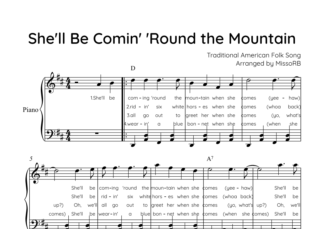 She'll Be Comin''Round the Mountain - Piano in D With Chords & Lyric ...