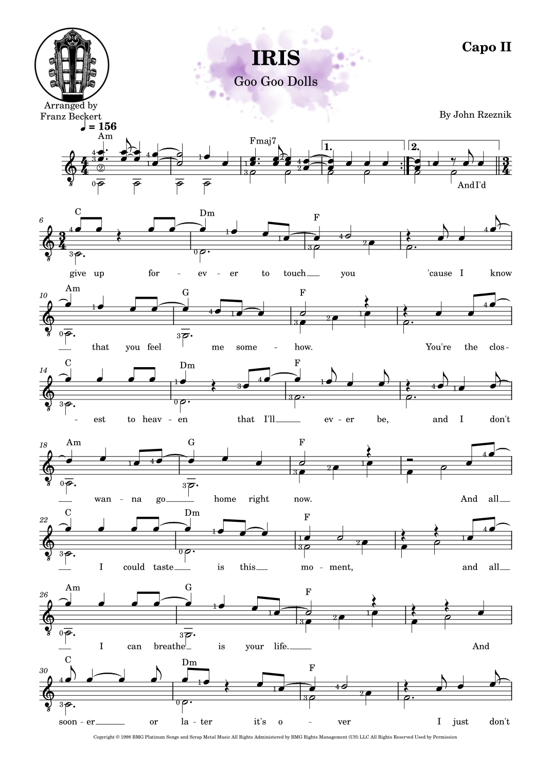 Iris (arr. Franz Beckert by Goo Goo Dolls Sheet Music for Solo Guitar ...