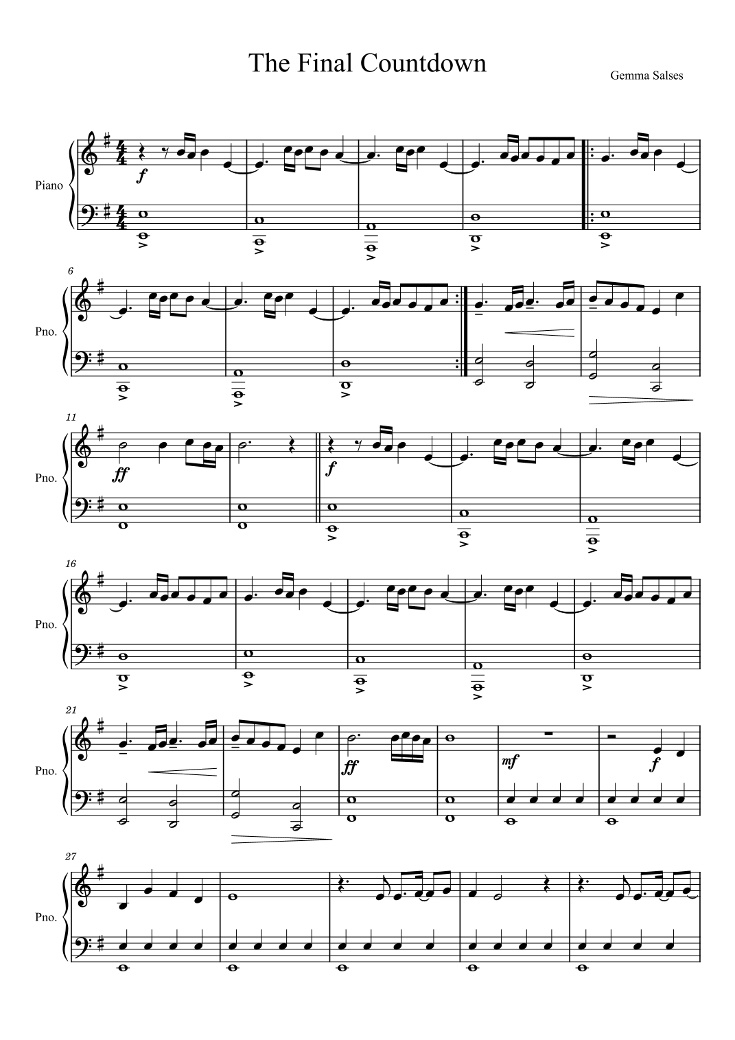 Final Countdown (arr. Gemma Salses) by Europe Sheet Music for Easy ...