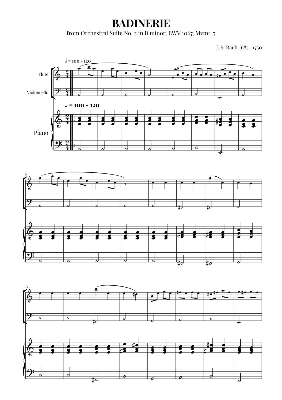 Badinerie (BWV 1067) - Easy Flute, Cello and Piano (arr. Leonardo Mioto ...