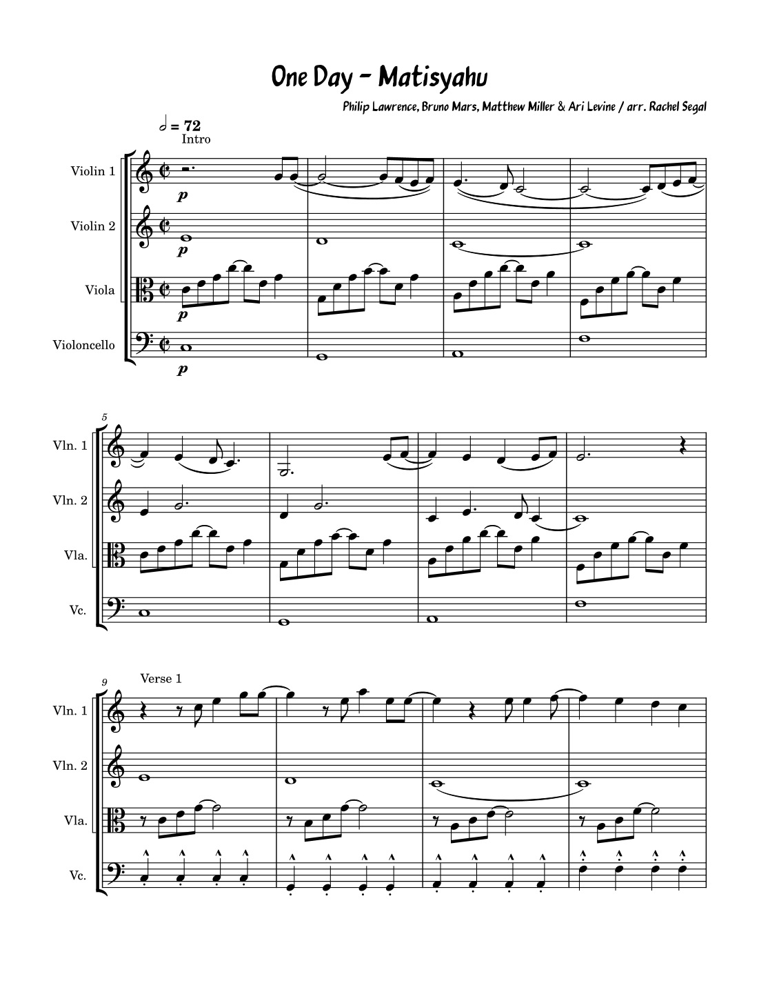 One Day (arr. Rachel Segal) by Matisyahu Sheet Music for String Quartet ...