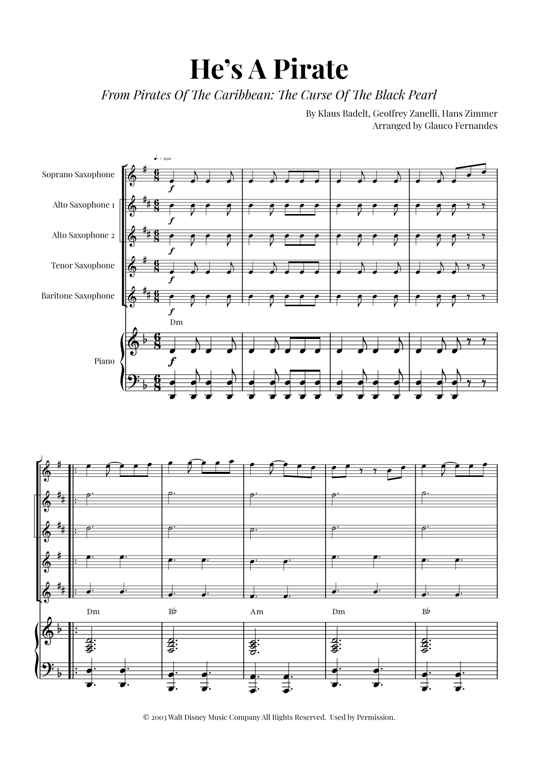 He's A Pirate (arr. Glauco Fernandes) by Geoffrey Zanelli Sheet Music ...