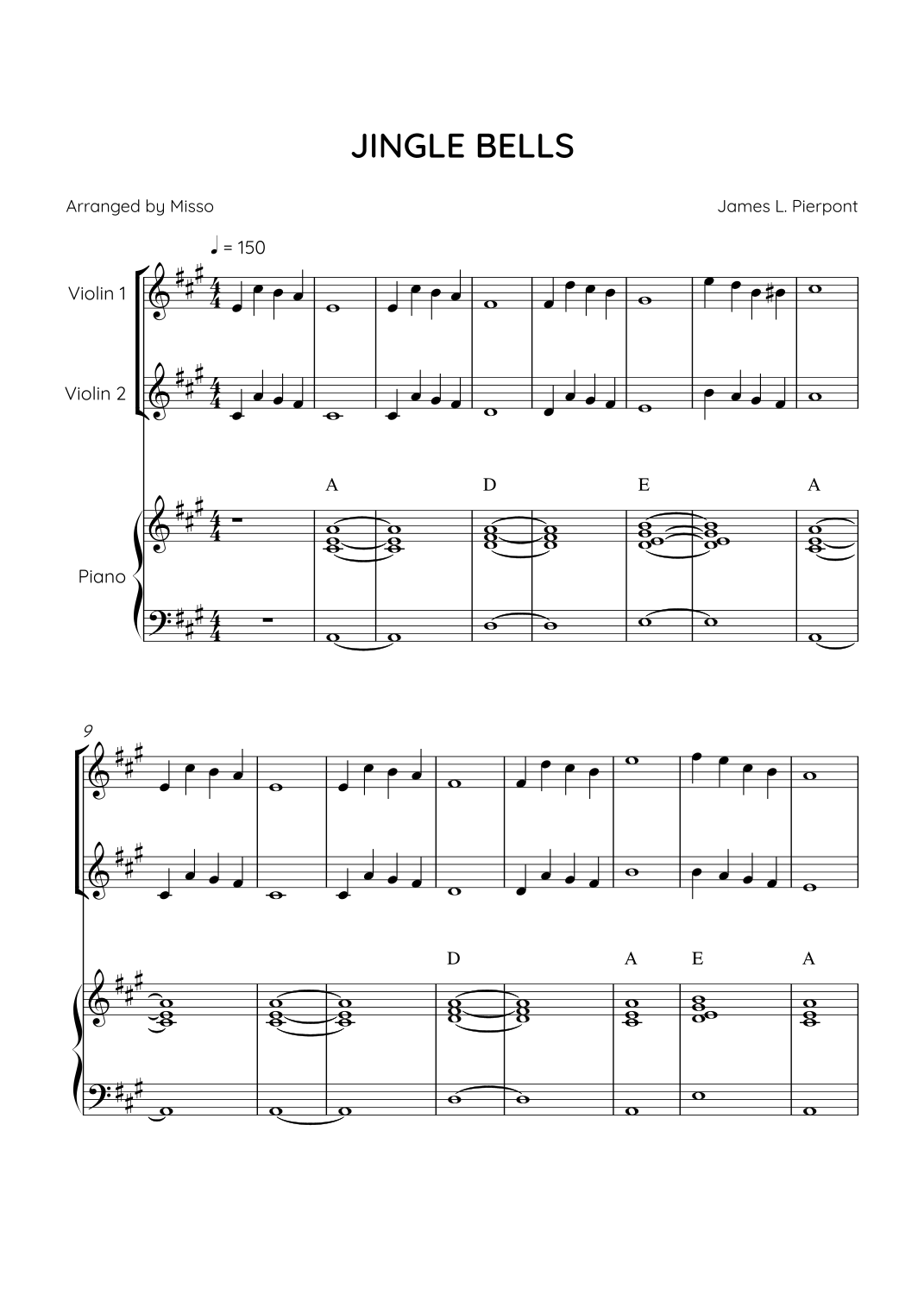 Jingle Bells - Violin Duet & Piano in A Major (Beginner With Chords ...