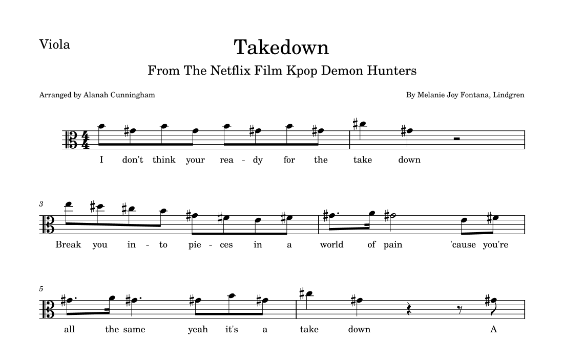 Takedown (arr. Alanah Cunningham) by Melanie Joy Fontana Sheet Music for Viola Solo at Sheet ...